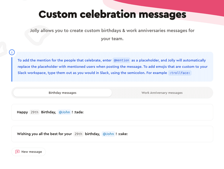 Customizing celebration messages - Jolly: Documentation